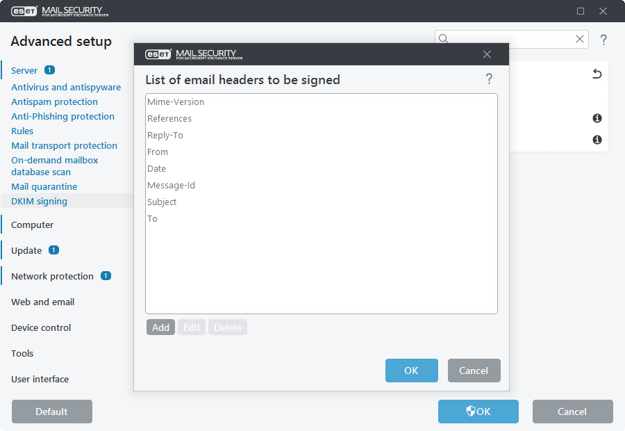 DKIM 签名 | ESET Mail Security | ESET 联机帮助